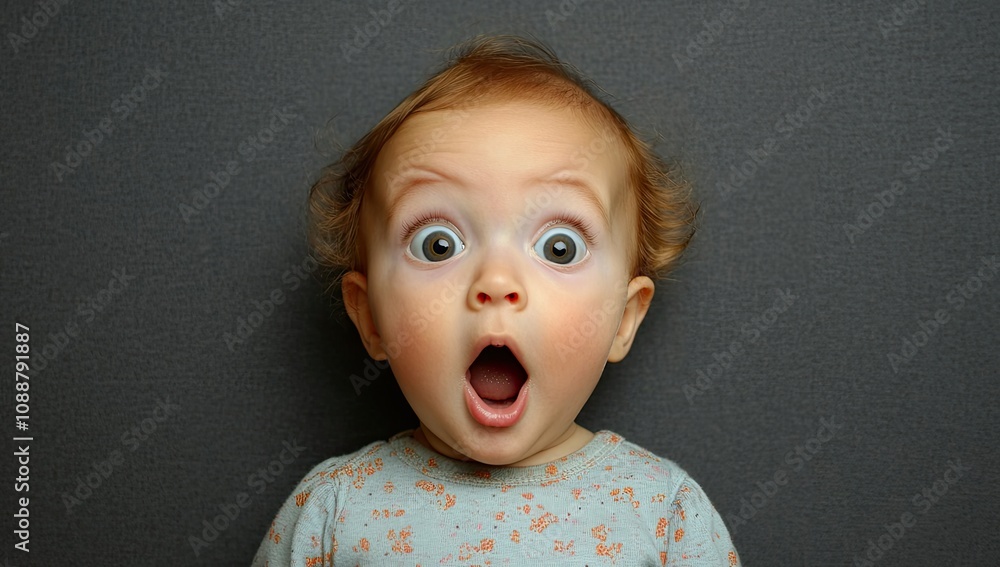 A surprised baby girl is making an expression of shock or amazement ...
