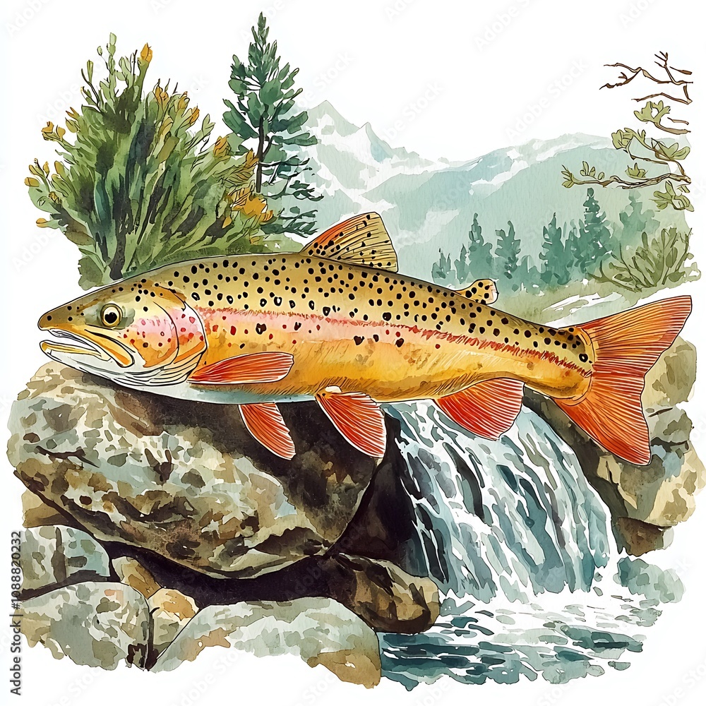 Watercolor Painting of a Cutthroat Trout in a Mountain Stream. This ...