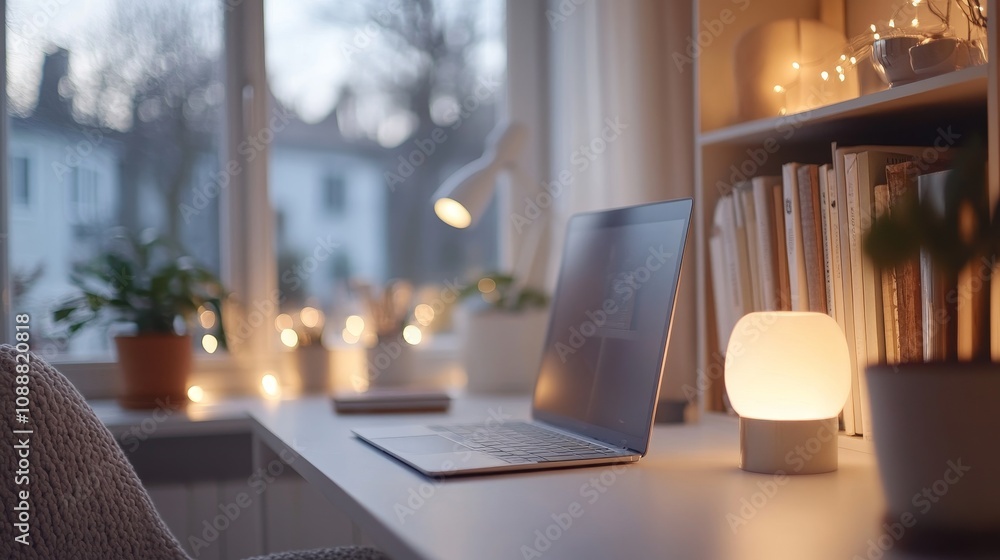 Spacious study room with a modern bookshelf and desk lamp.Concept of ...