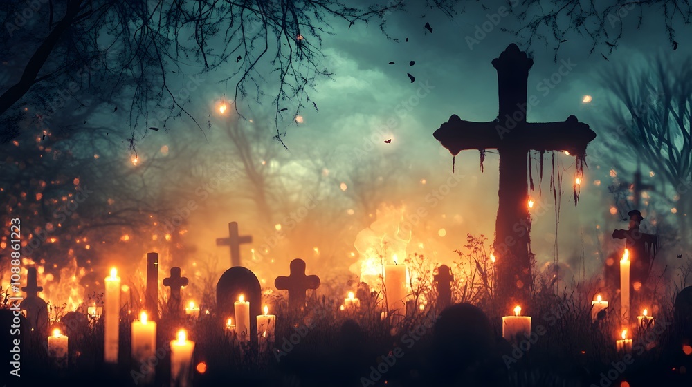 All Souls' Day. Cross with burning candles in the cemetery. Digital ...