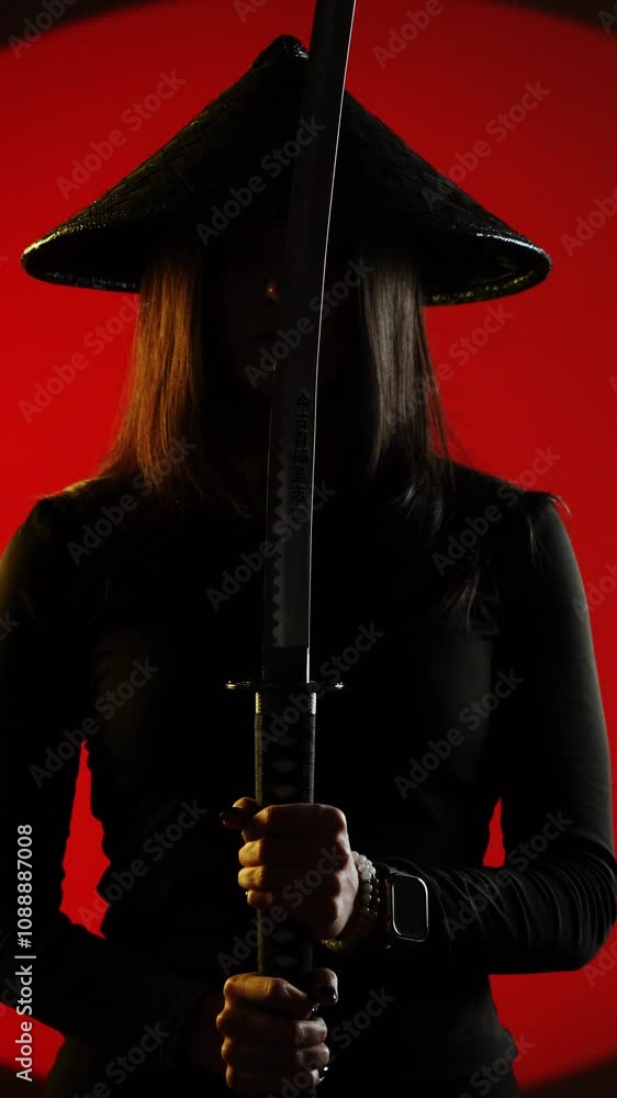 A woman in a mask and Japanese traditional headdress sugegasa poses ...