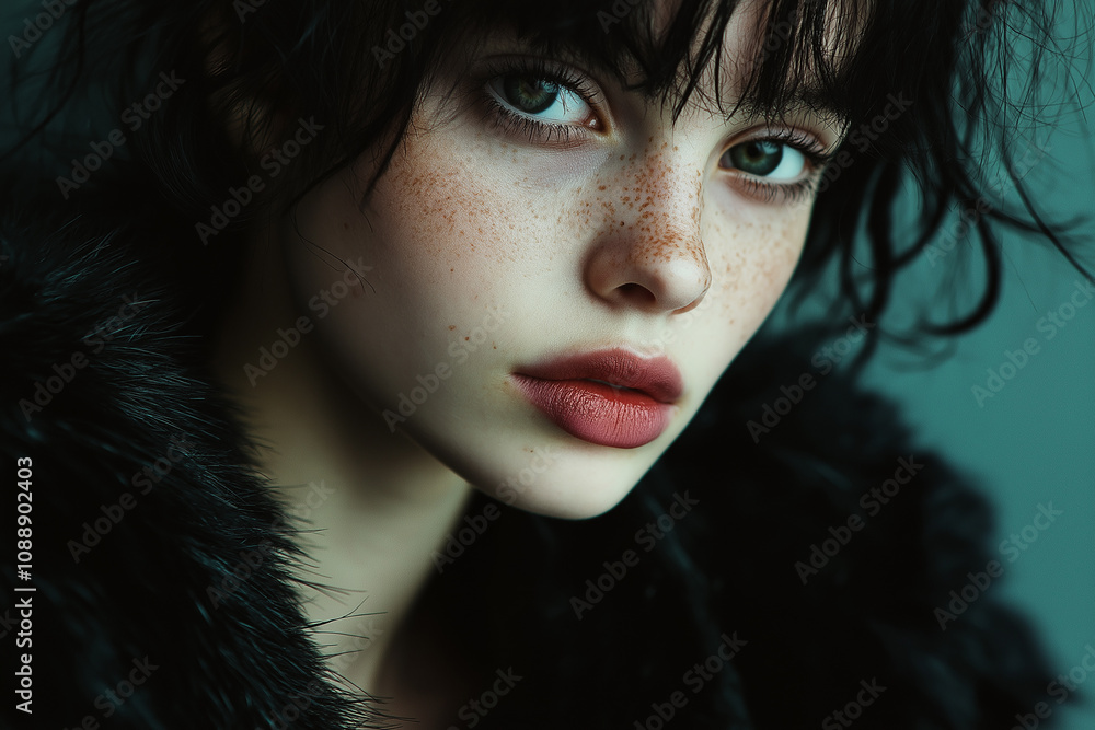 Close-up portrait of an Irish girl with freckles and dark hair, wearing ...