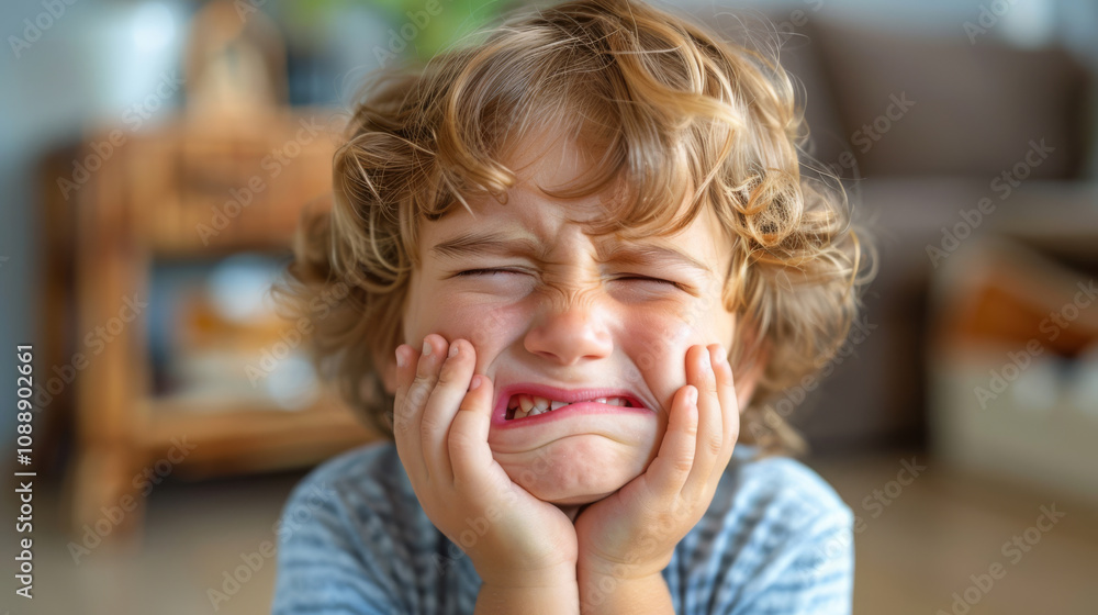 Young child with teething pain holding cheeks, close-up emotional ...