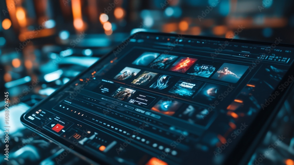 A user interacts with a sleek tablet displaying an array of film and ...