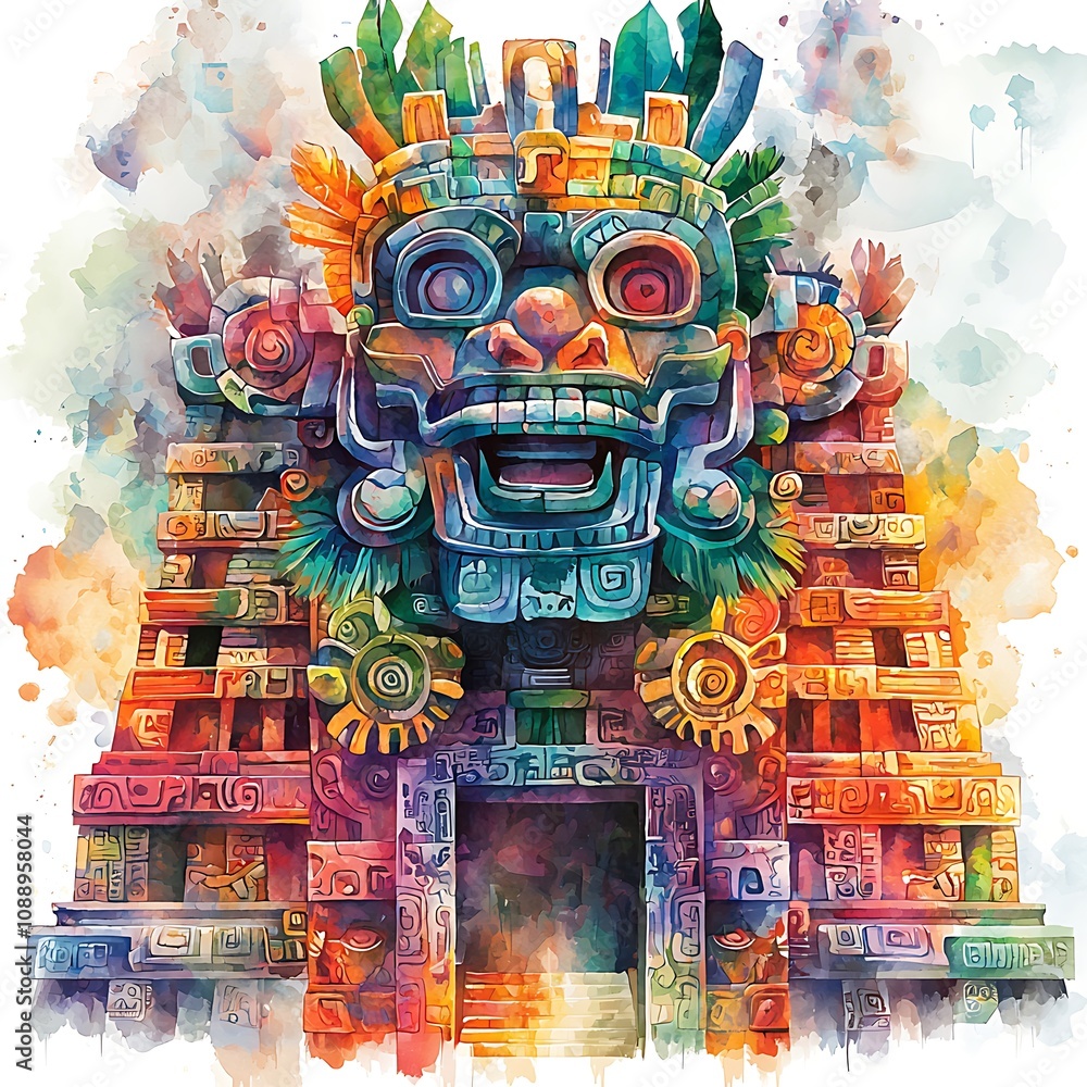 Mayan Temple Watercolor Painting. A vibrant watercolor interpretation ...