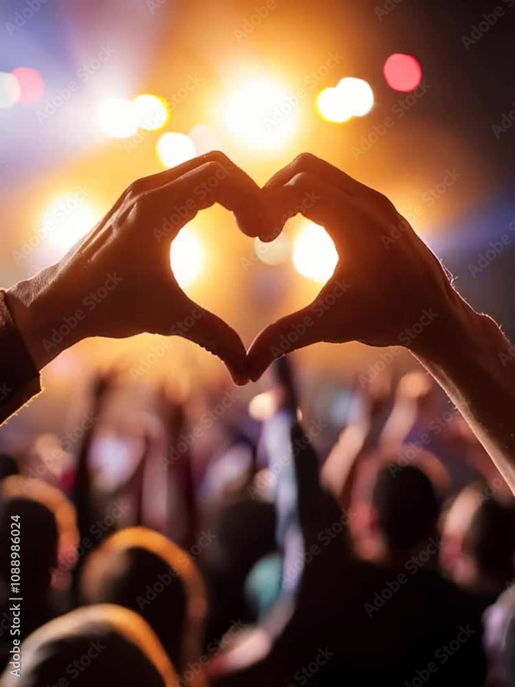 Crowd of Audience at during a concert with silhouette of a heart shaped ...