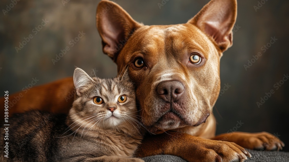 Pitbull dog and ginger tabby cat, close-up portrait, animal friendship ...