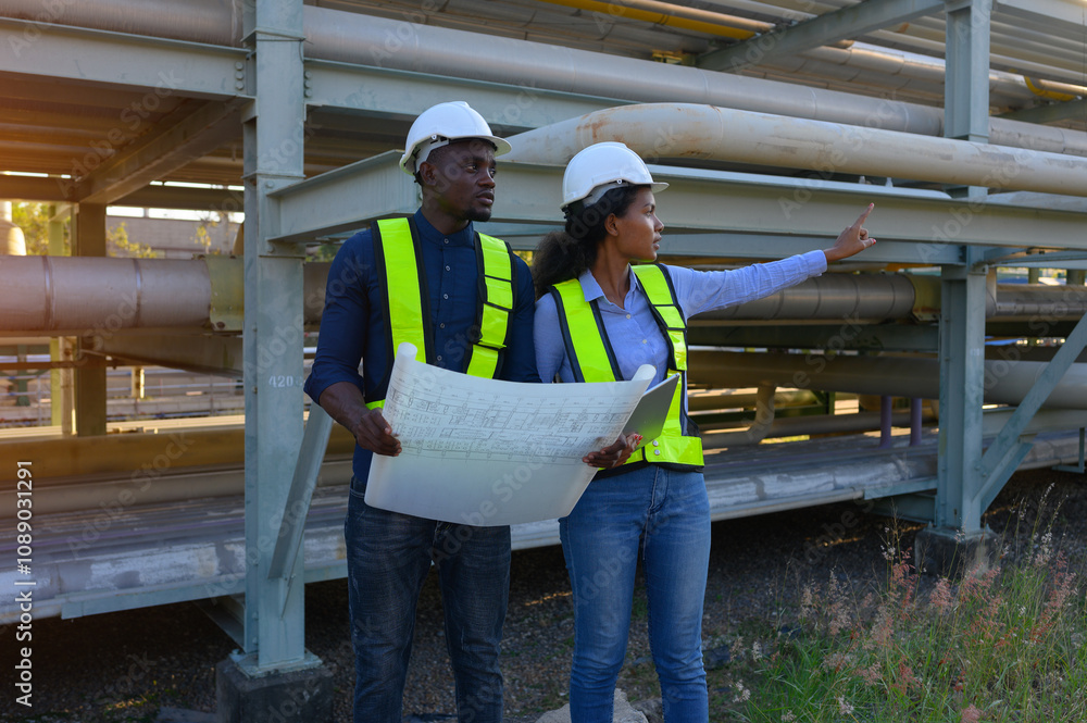 Male and female engineers check the drawing system inspection with the ...
