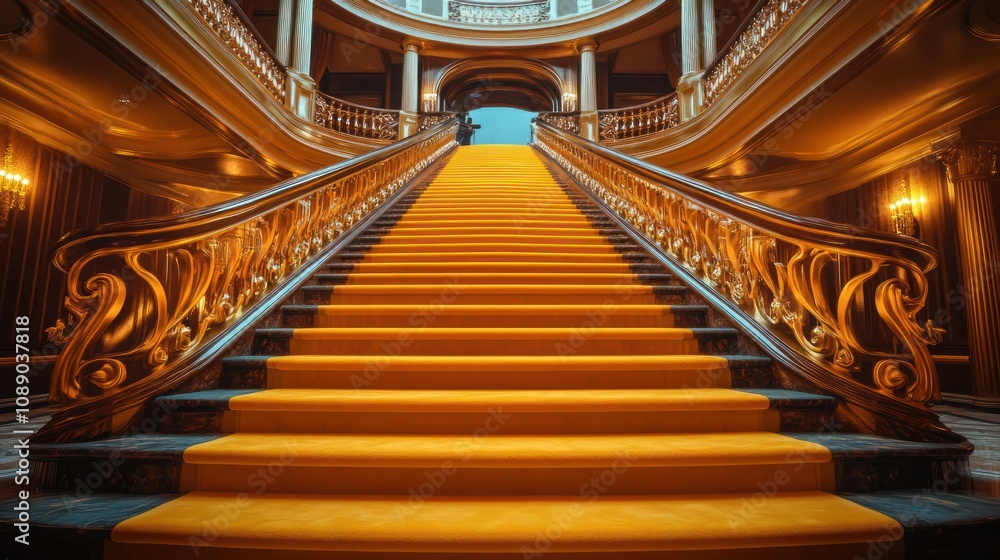 A grand staircase with a golden runner, leading up to a large entryway ...