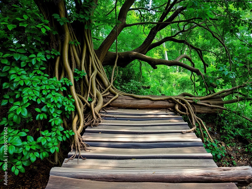 Foliage and tree roots entwined, forming a natural bridge across a ...