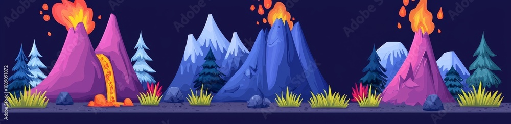 Isolated animation of volcanic eruption set with hot lava flowing from ...