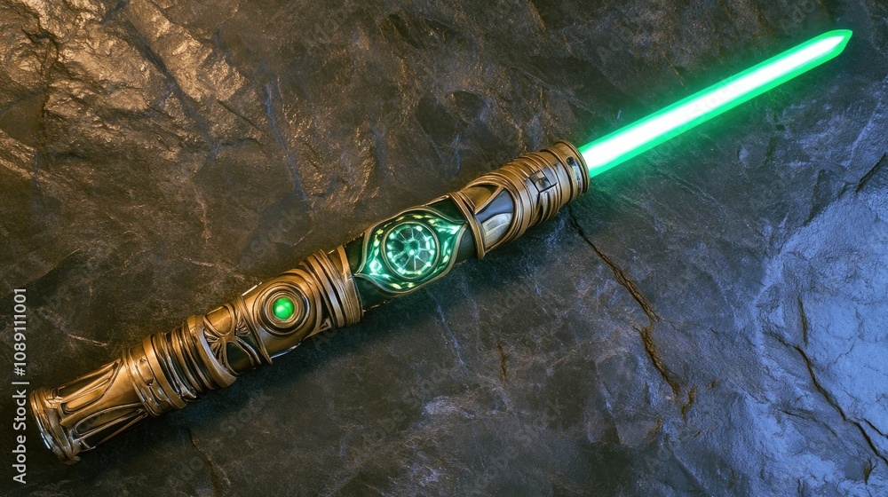 Elegant green lightsaber featuring a luminous neon blade with intricate ...