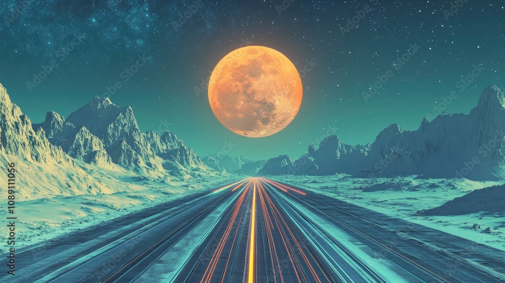 Retrofuturistic highway weaving through a desert landscape, framed by ...