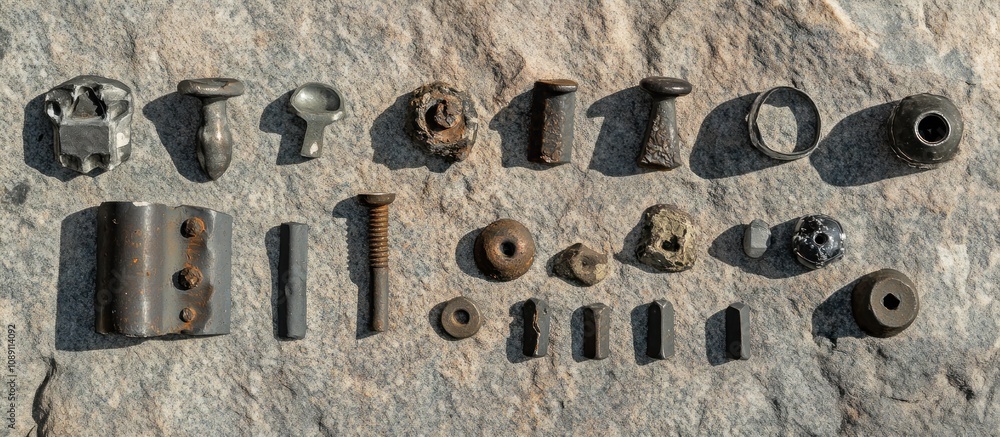 Metal pitons and nuts, laid out in an organized fashion on a granite ...