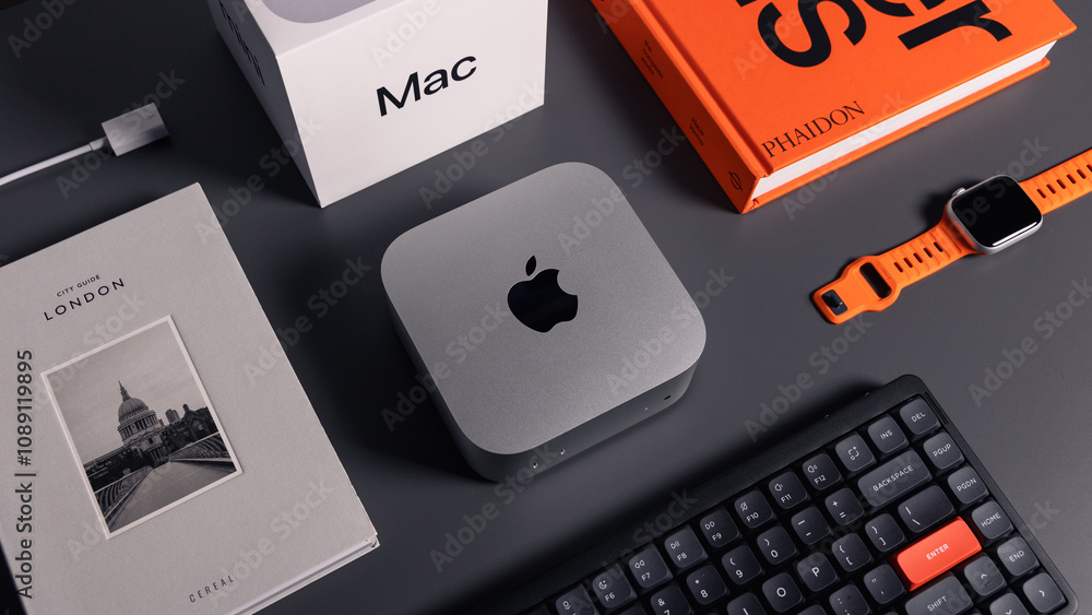 LONDON - NOVEMBER 08, 2024: Apple M4 Mac Mini desktop computer in ...