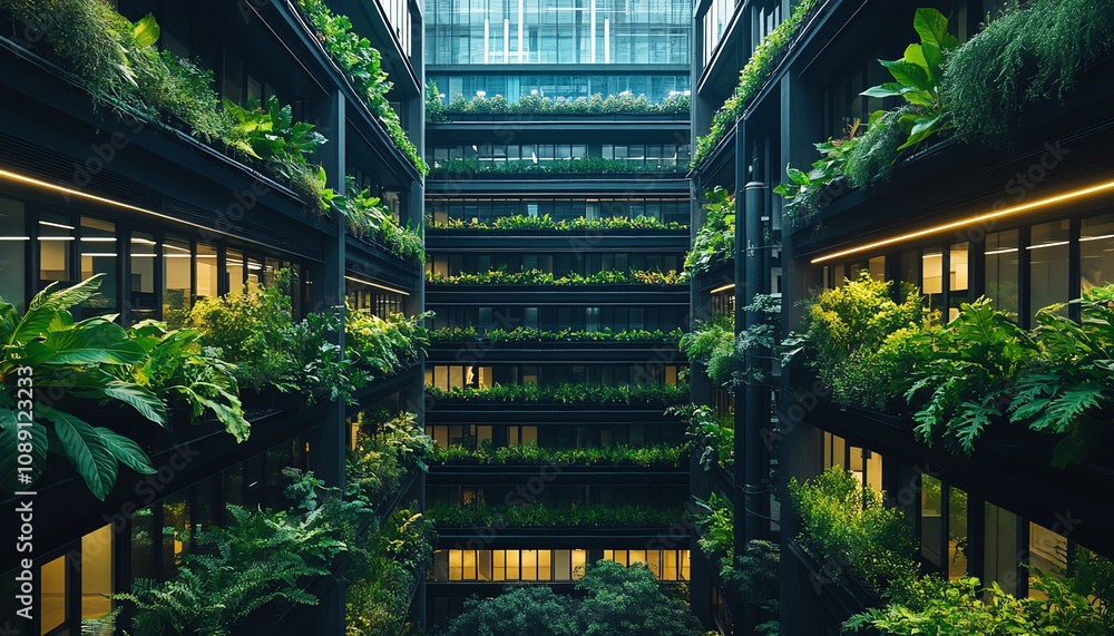 Office building with vertical farm, plants like green vegetables and ...