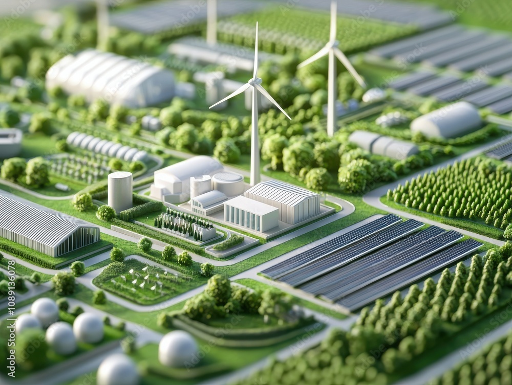 Innovative renewable energy campus with solar farms and wind turbines ...