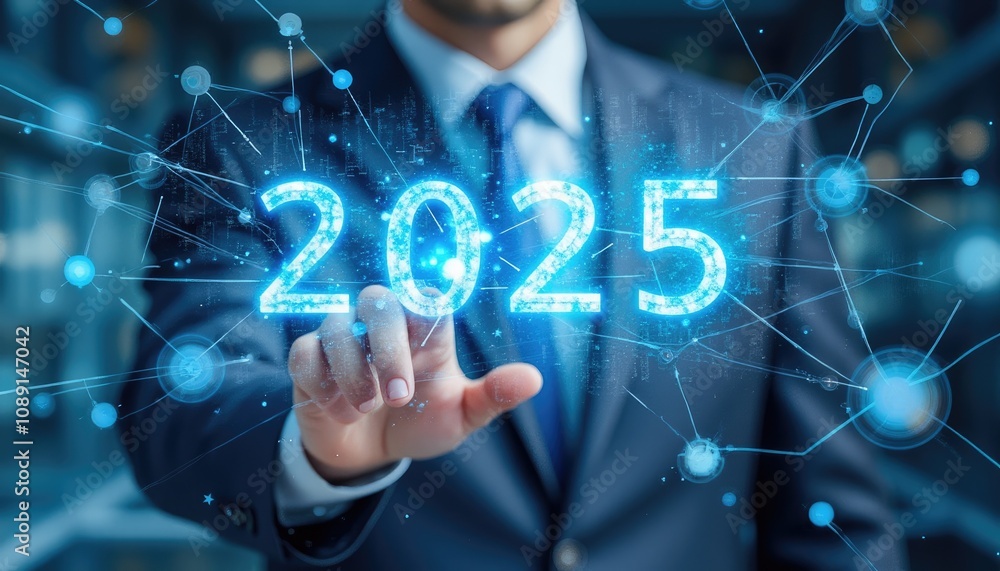 Glowing "2025" digital graphics illuminate a businessman envisioning ...