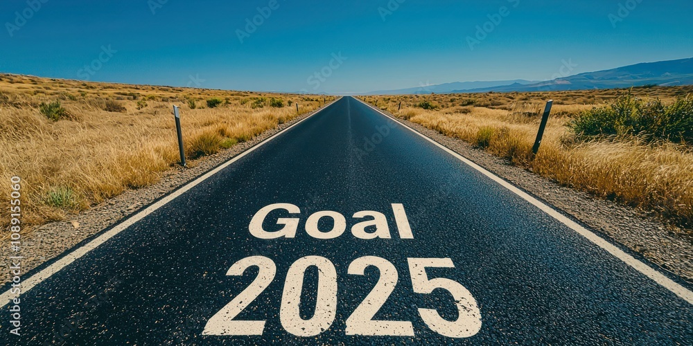"Goal 2025" painted in bold white letters on an empty road stretching ...