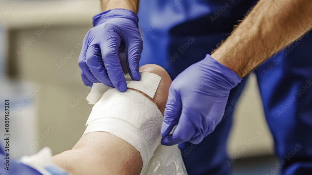 Healthcare Professional Carefully Dressing a Wound on a Patient's Knee ...