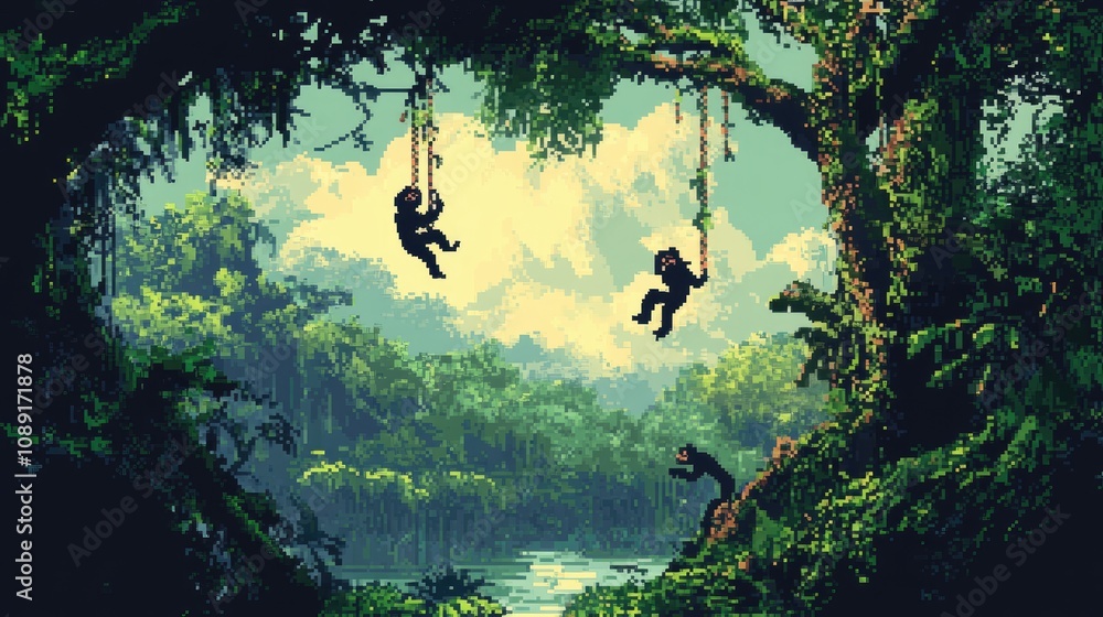 Pixel art of a family of monkeys swinging joyfully between pixelated ...