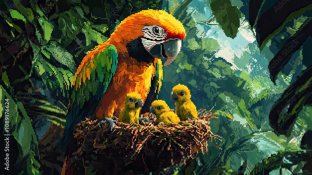 Pixel art of a mother parrot feeding her chicks in a pixelated nest ...