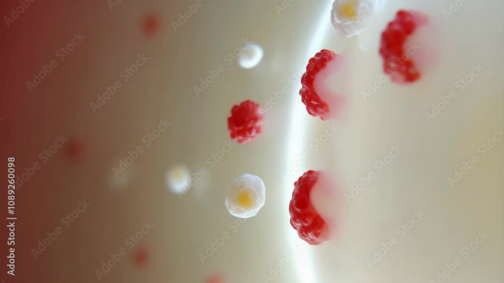 Microscopic view of white and red blood cells and platelets moving ...