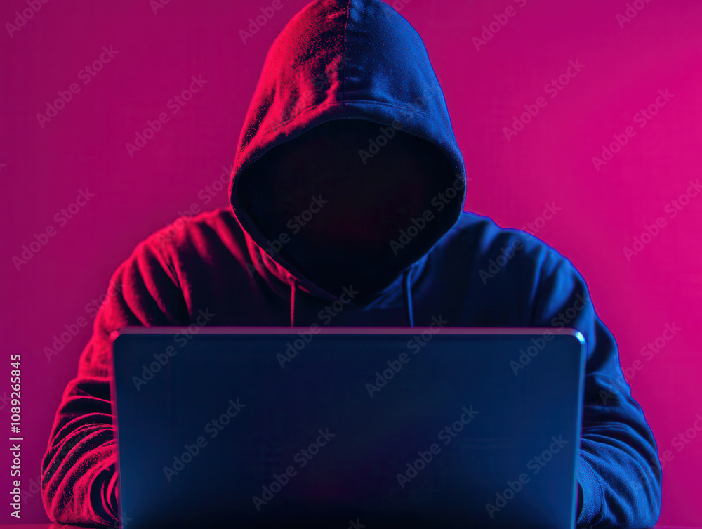 Hooded hacker figure with glowing Access Denied warning on laptop ...