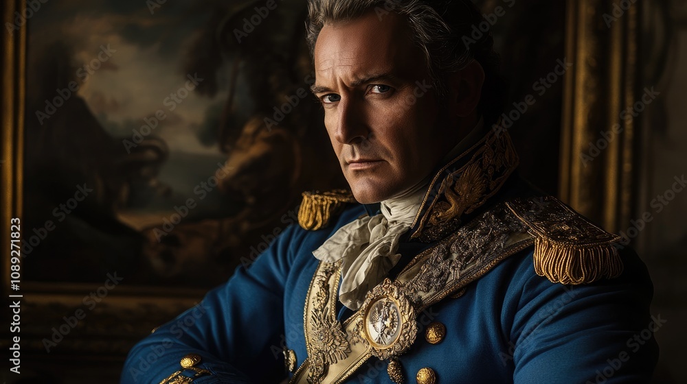 Historic military portrait featuring a stern figure in a blue coat with ...