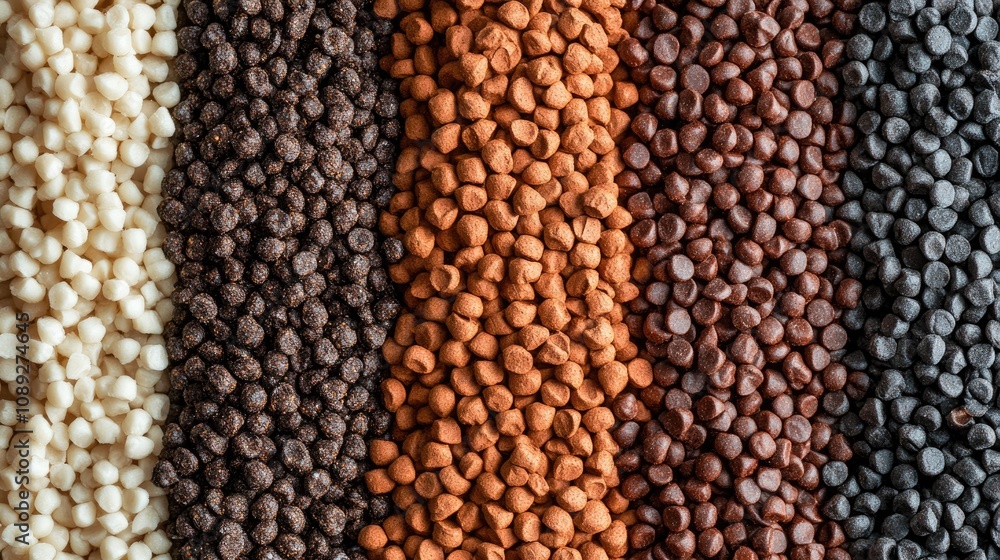 Colorful array of biomass pellets in various sizes and shades ...