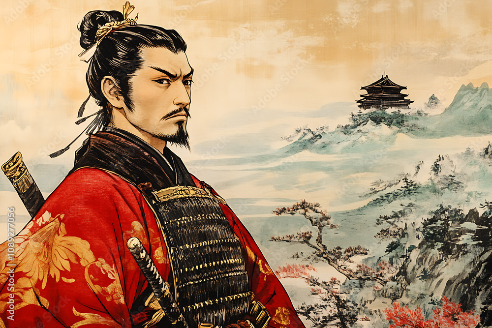 The illustration depicts Oda Nobunaga, the legendary 16th-century ...