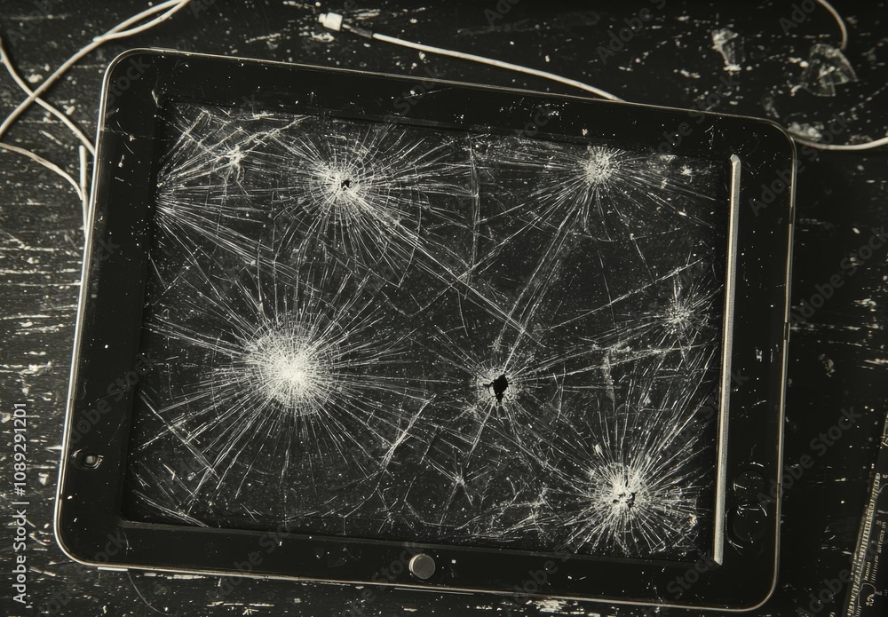 Broken glass overlay. Aged texture. Black cracked TV screen with white ...