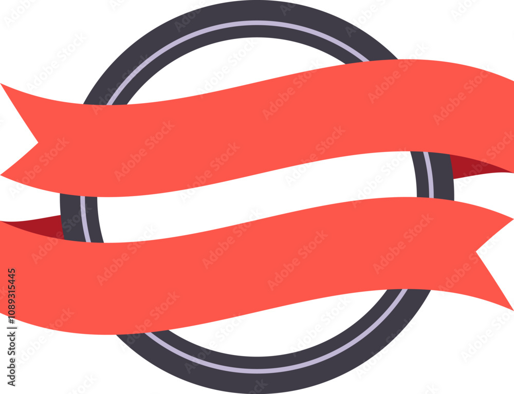 Two elegant waving red ribbons are wrapping a circular frame with a ...