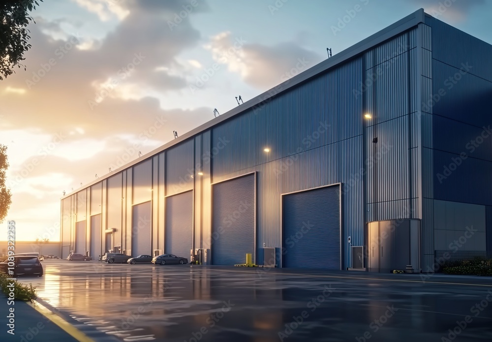 A modern warehouse exterior with blue metal cladding and large garage ...