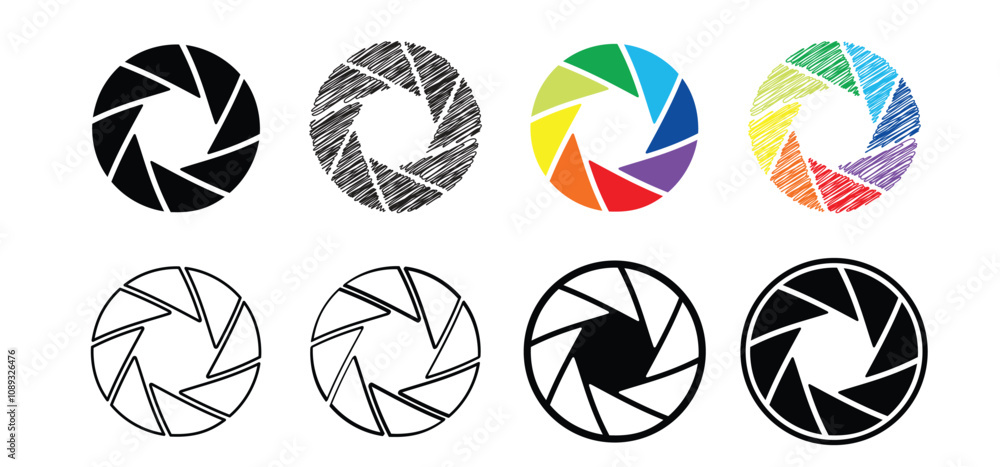 Cartoon aperture logo. Aperture black and outlined icon or pictogram ...