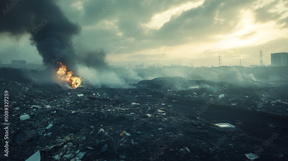 A dramatic documentary style photograph depicting a devastating ...