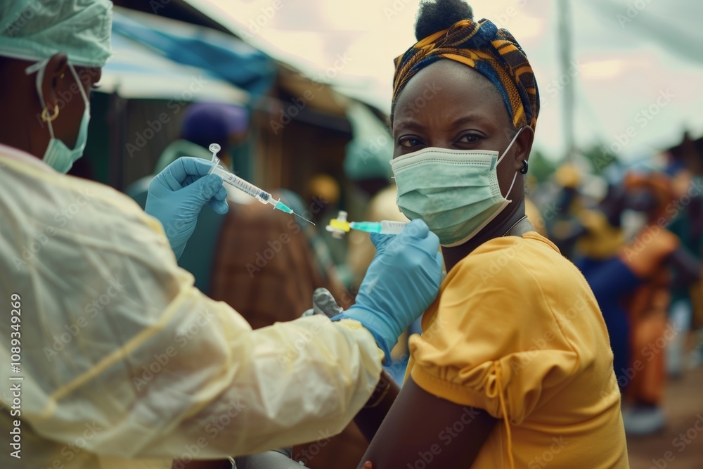 African woman receiving vaccination from healthcare worker, both ...