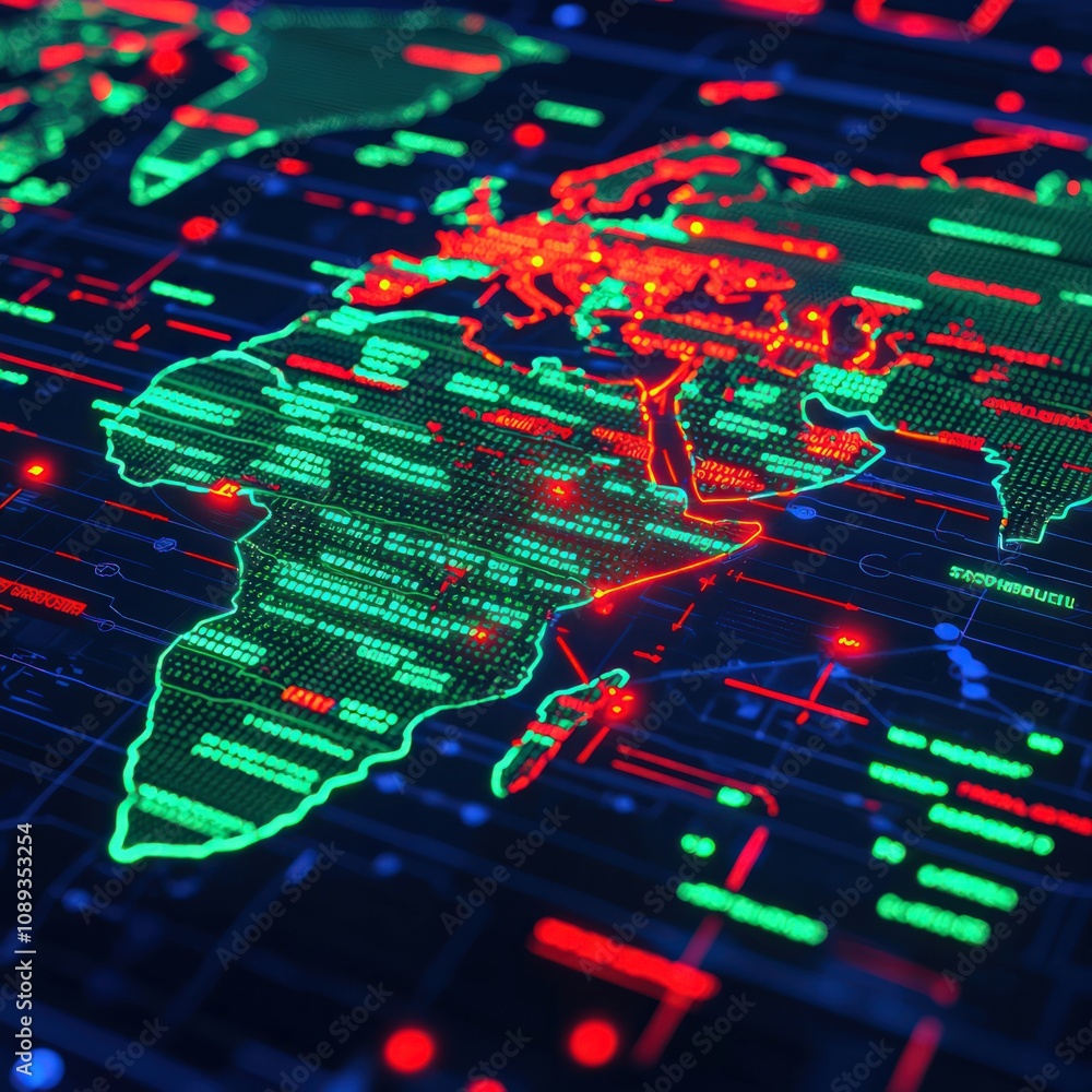A digital representation of the world map using vibrant green and red ...