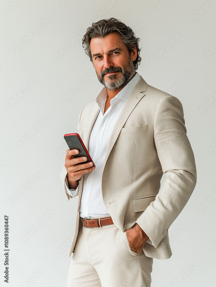 Un client, homme d'affaires souriant avec un téléphone portable ...
