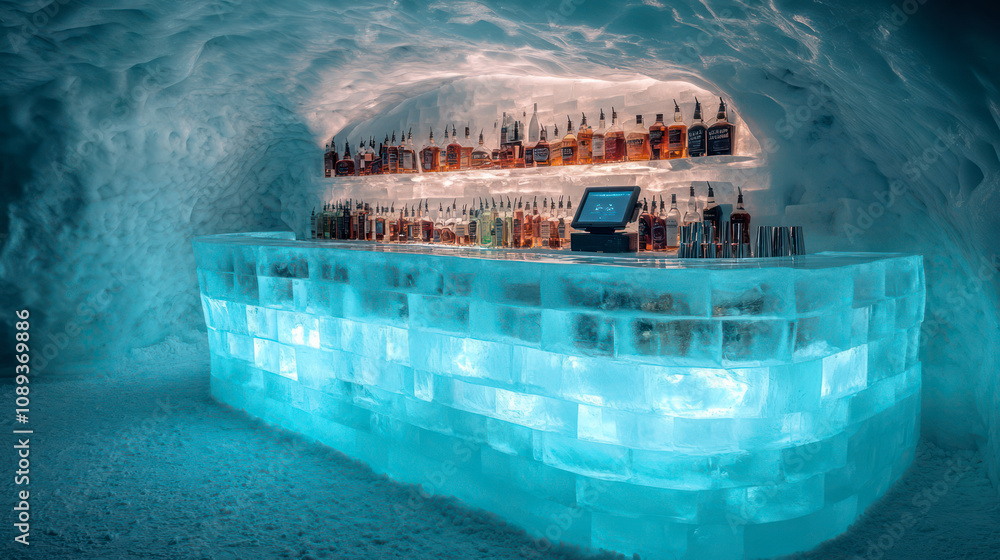 Impressive winter bar, ice cave vault, walls are made of ice, bar ...