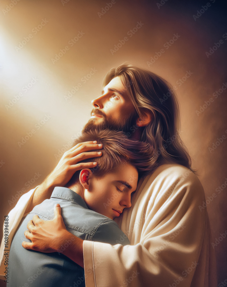 Jesus giving a hug to a young man with short hair, the love of the Lord ...