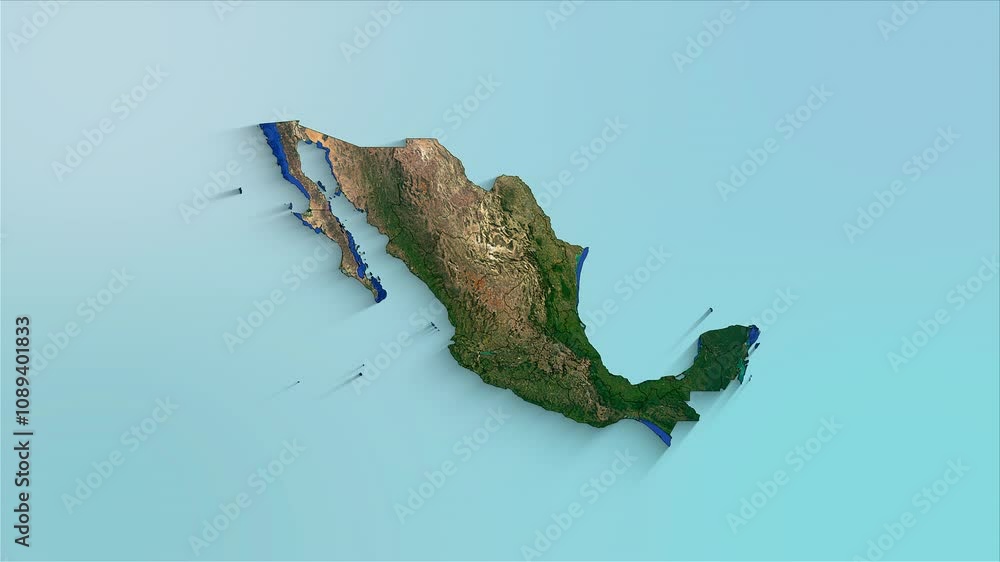 Mexico animated map showing regions forming the country with a physical ...