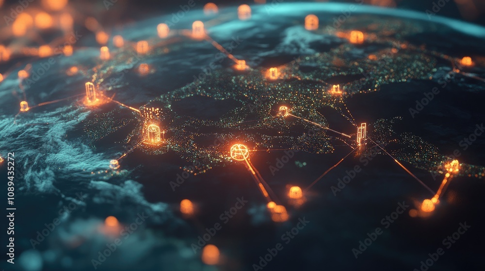 Glowing network nodes connected across a D earth, symbolizing ...