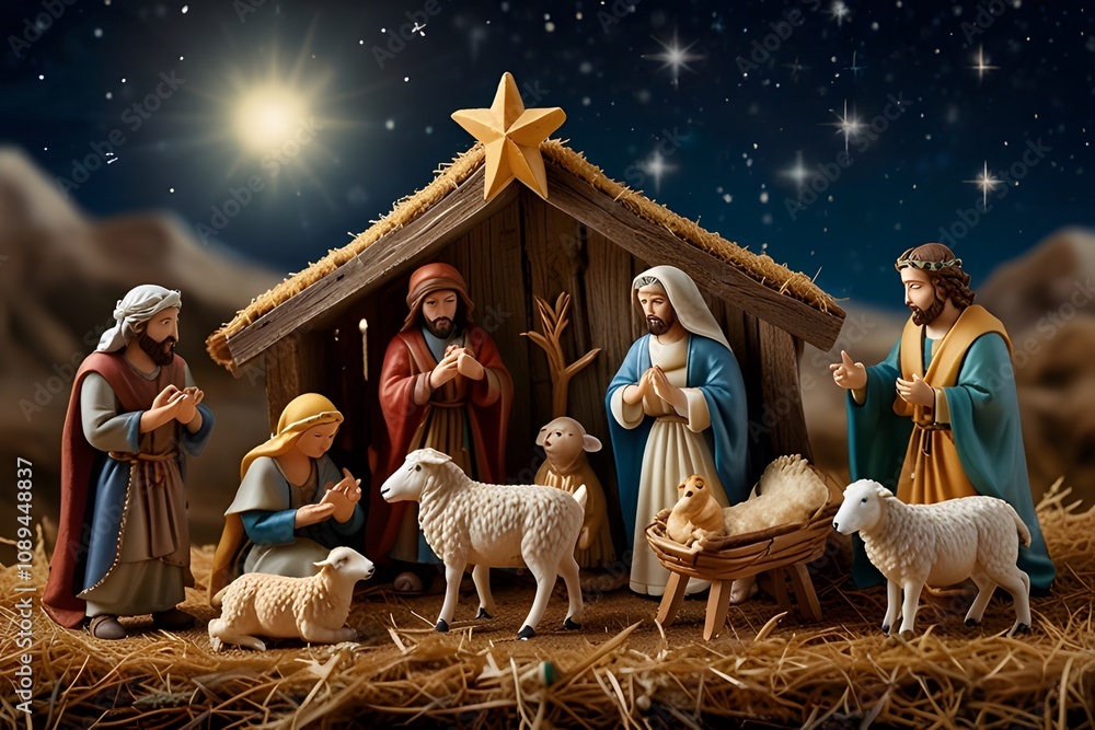 Biblical nativity scene showing Mary, baby Jesus and shepherds with ...