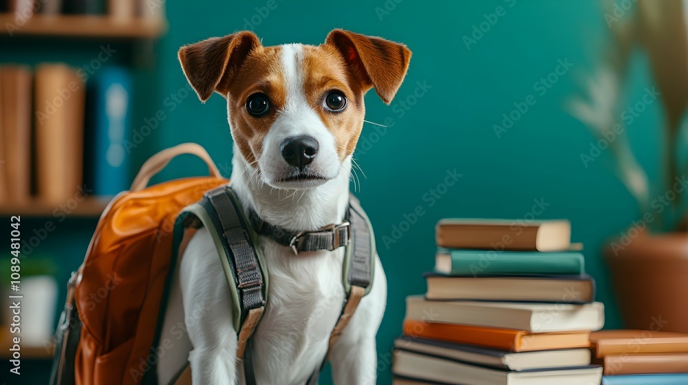 Funny dog student on green background with a backpack, books and school ...