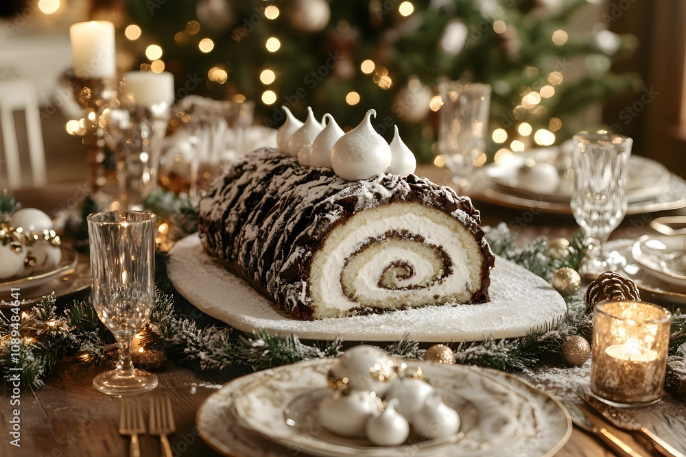Elegant Bûche de Noël, yule log, styled as a snowy forest with cream ...