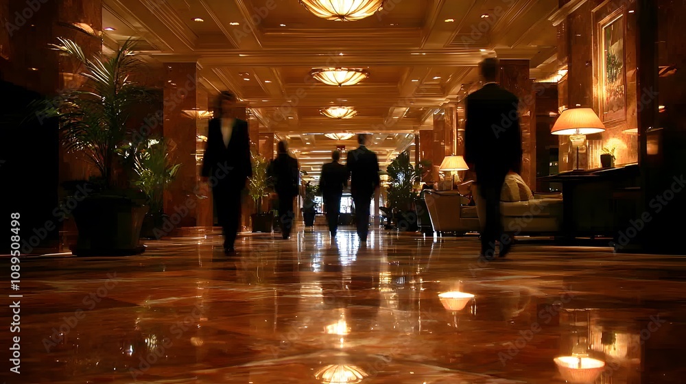 Elegant hotel lobby with polished marble floors and warm lighting ...