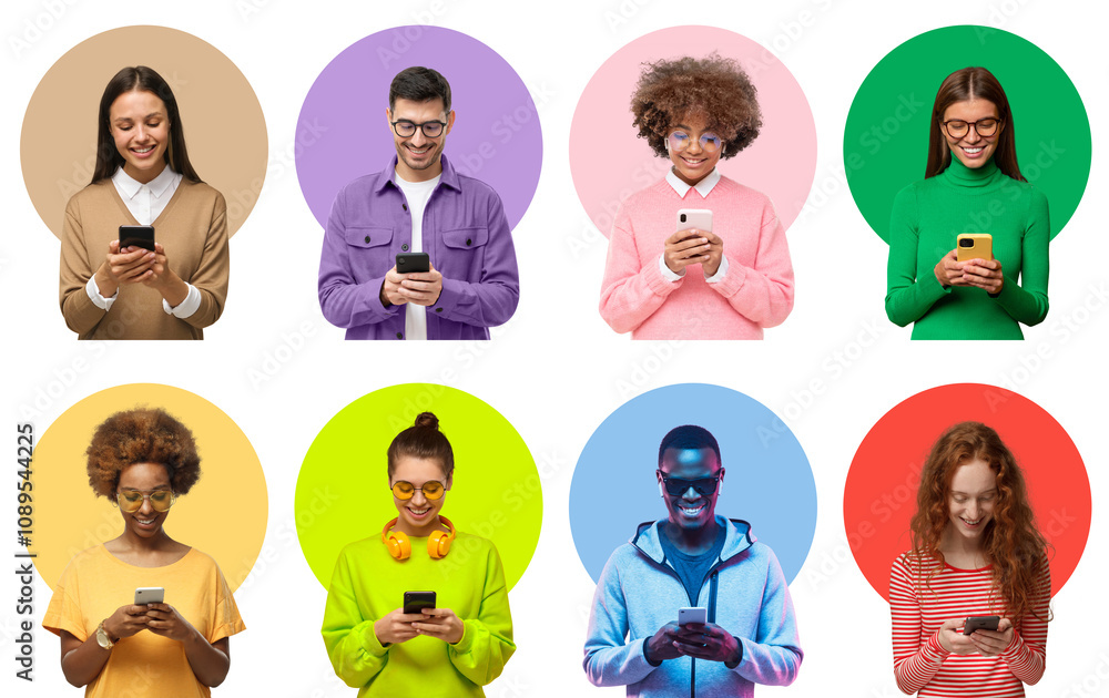 Group of smiling diverse people holding phones and texting Stock Photo ...