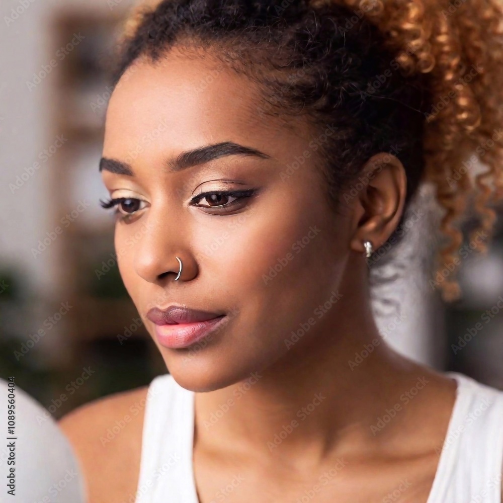 A close-up of the female's face as she tightens screws on the lamp. The ...