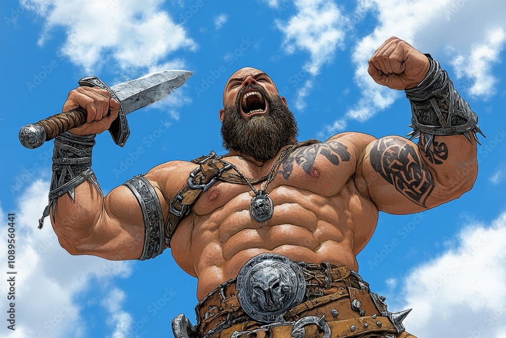 A barbarian with massive swords akimbo, roaring in triumph on a ...